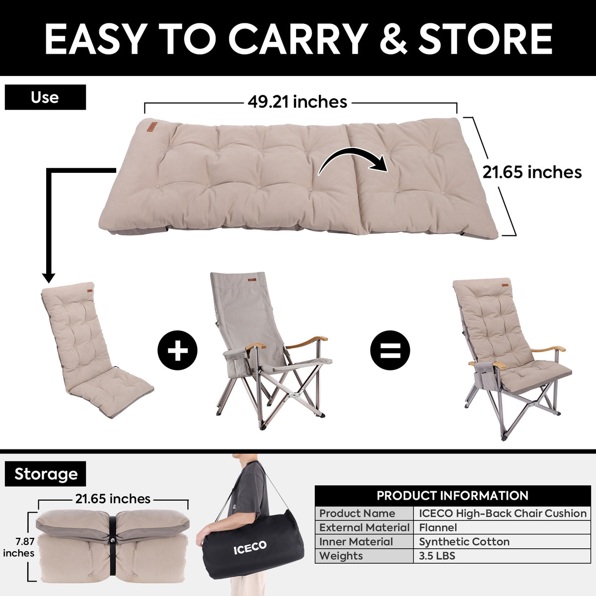 ICECO Hi1600 High Back Camping Chair Cushion, Folding Chair Cushions ...